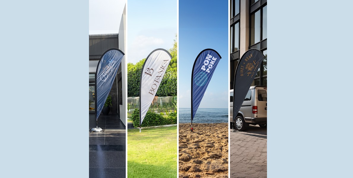Beachflagga droppformad med tryck | VistaPrint